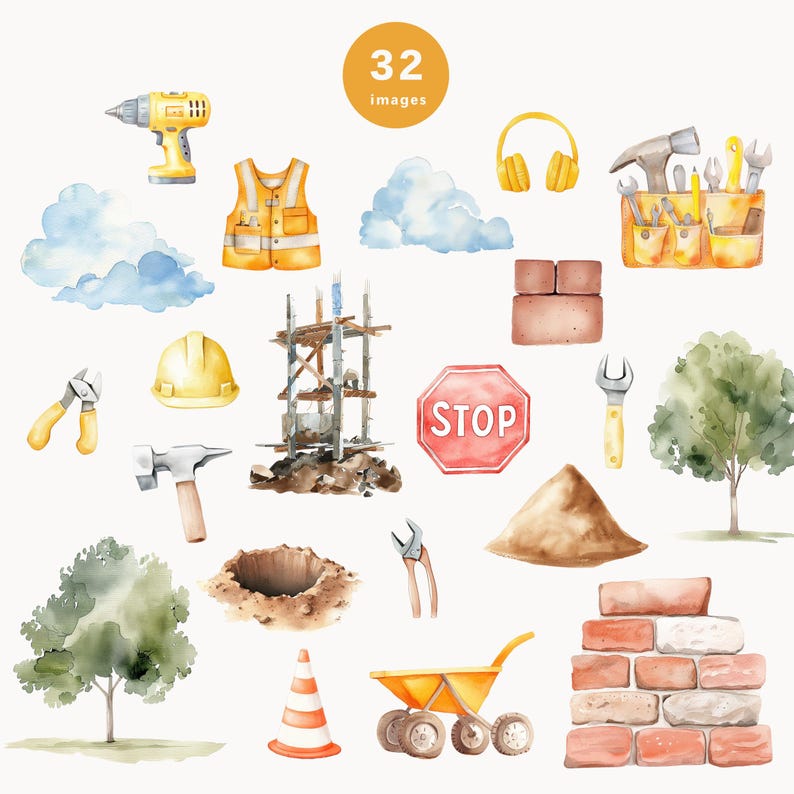 Cute Construction Watercolor Clipart, Construction Vehicle for Kids ...