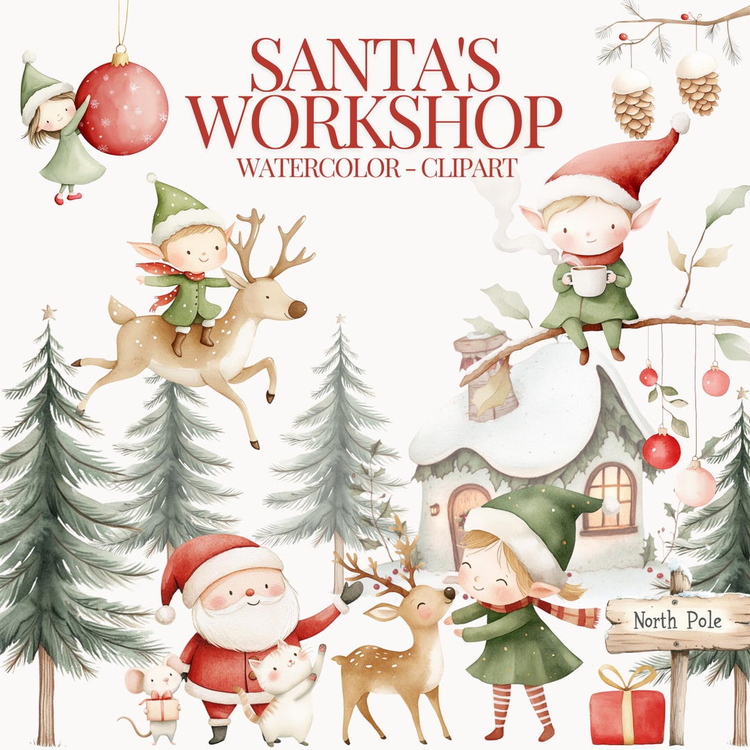 Cute Santa's Workshop Clipart, Cute Christmas Clipart, Christmas Elves ...