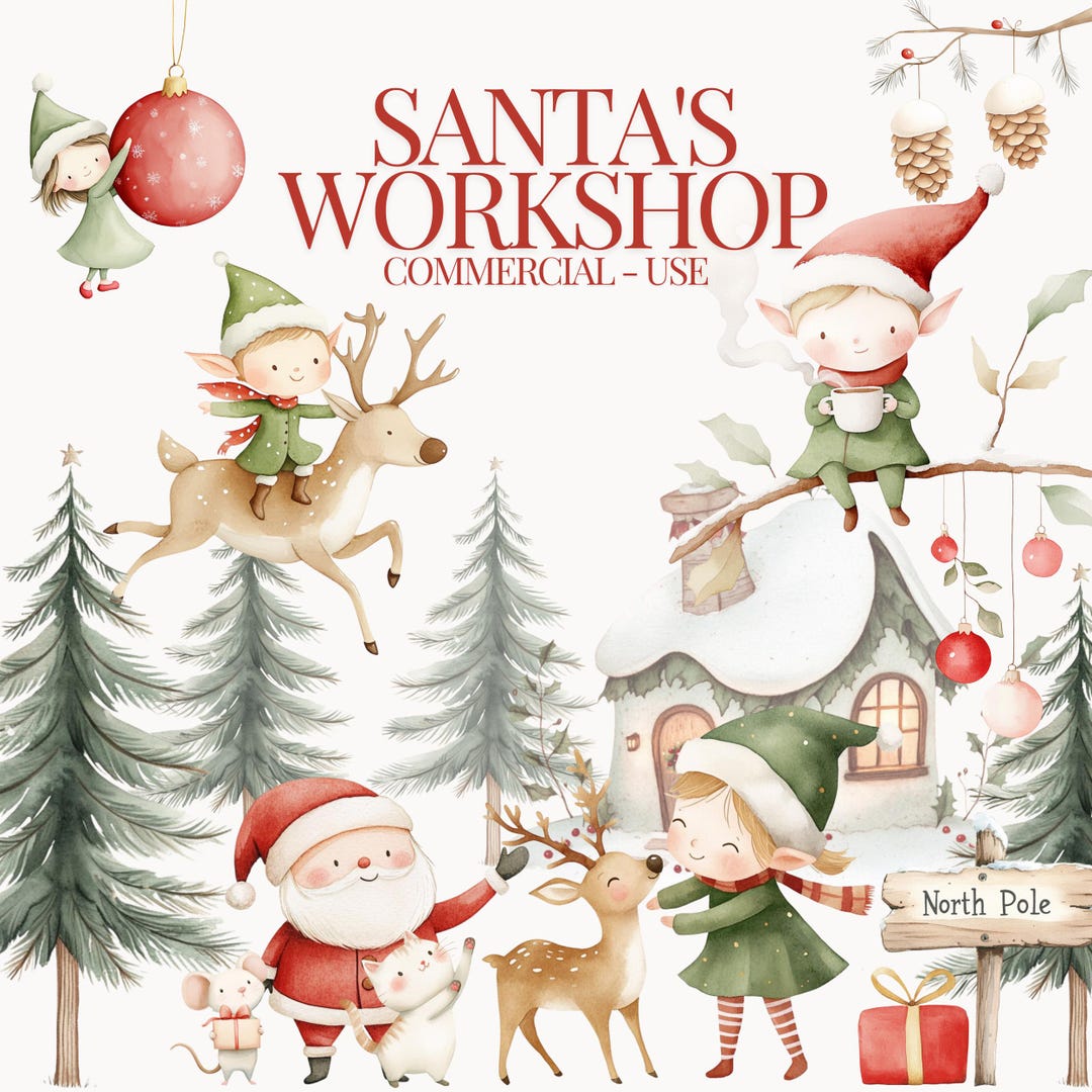 Cute Santa's Workshop Clipart, Cute Christmas Clipart, Christmas Elves ...