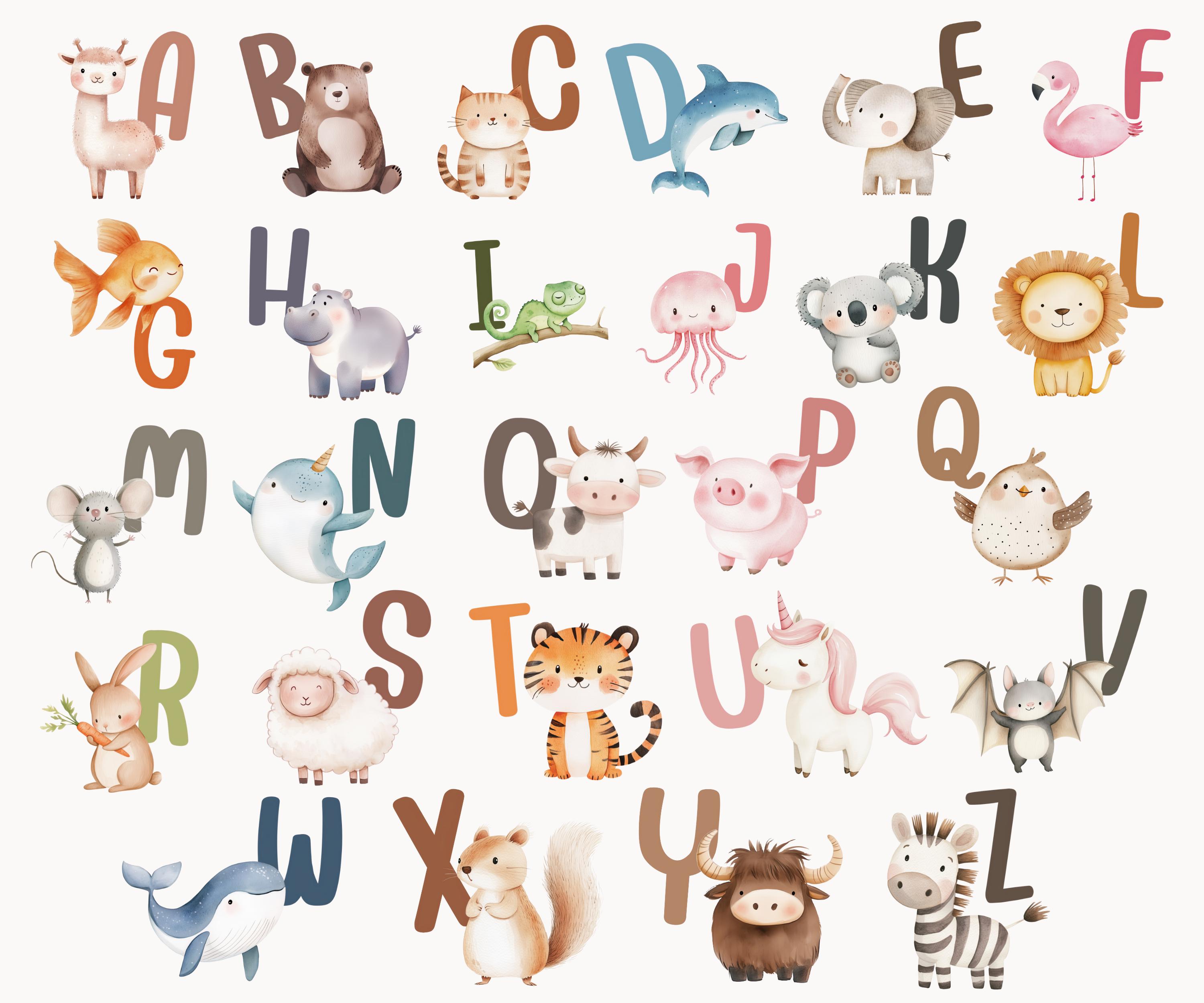Watercolor Animals A-Z Clipart, Animal Alphabet Clipart, Nursery Decor ...