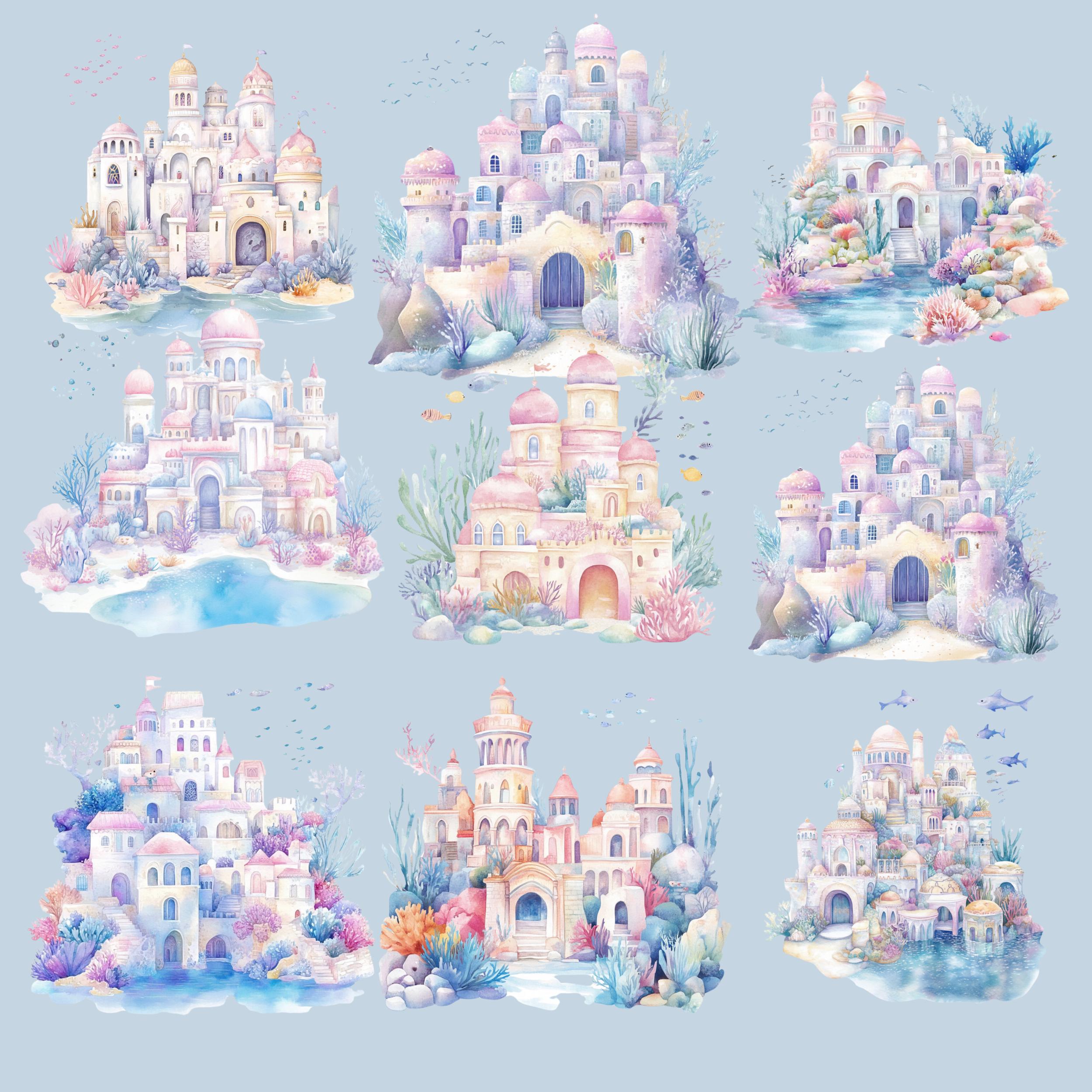 Underwater City Watercolor Clipart Bundle, 61 PNG Atlantis City ...