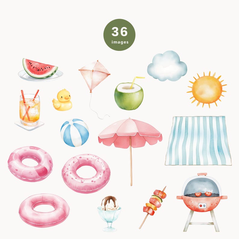 Cute Pool Party Watercolor Clipart, Summer Clipart, Children's Birthday ...
