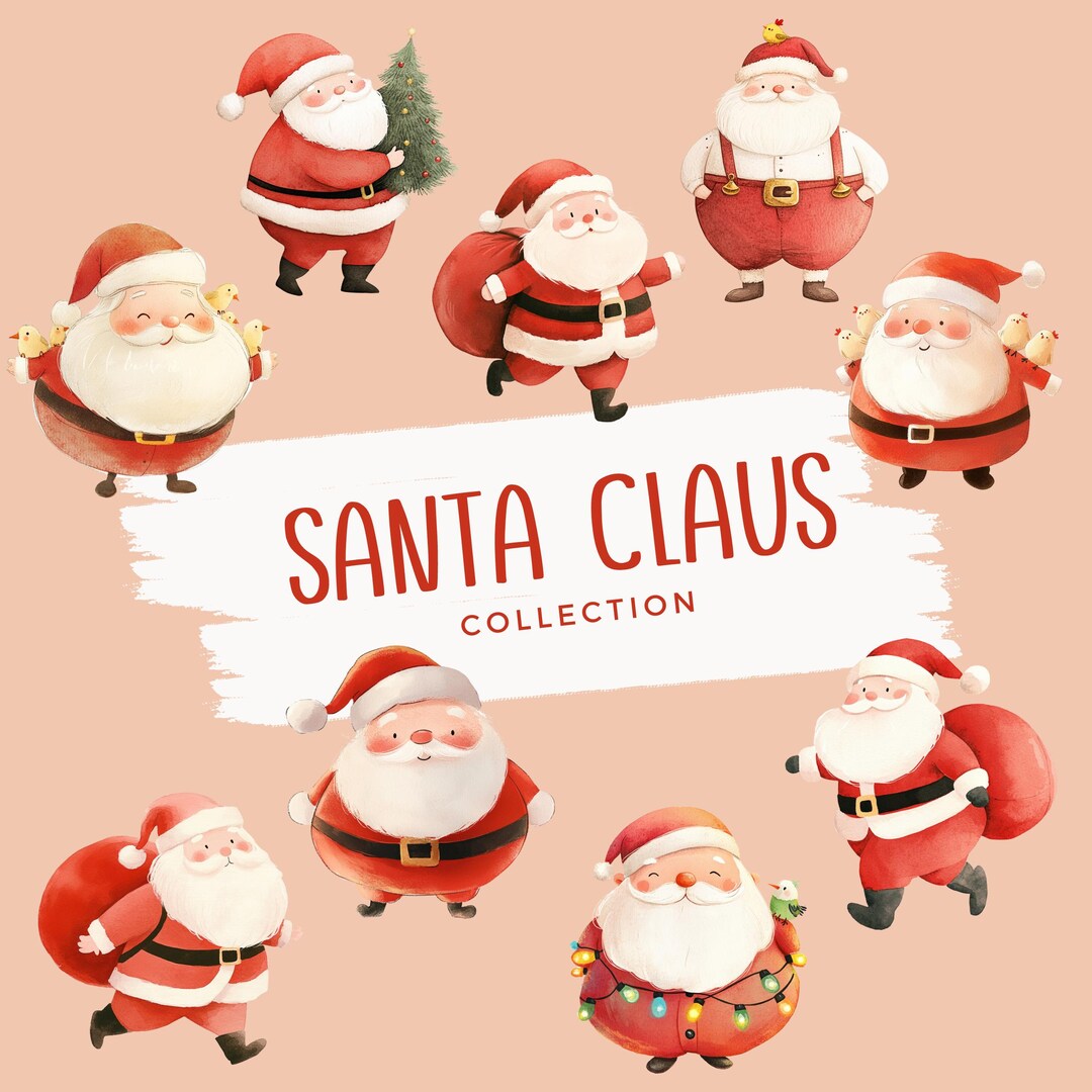 Sweet Cute Christmas Watercolor Clipart, Cute Santa Watercolor Graphics ...