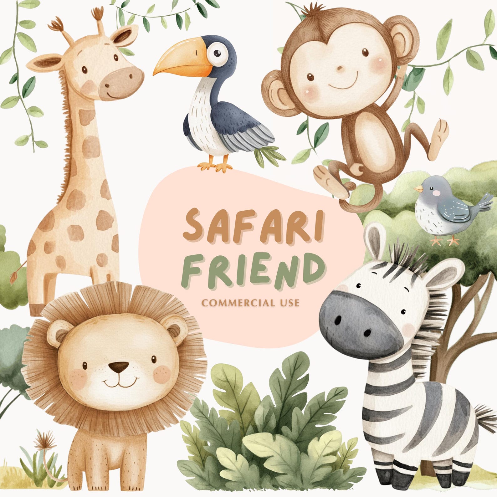Safari Watercolor Clipart | Nursery Animal Clipart for Baby Shower ...