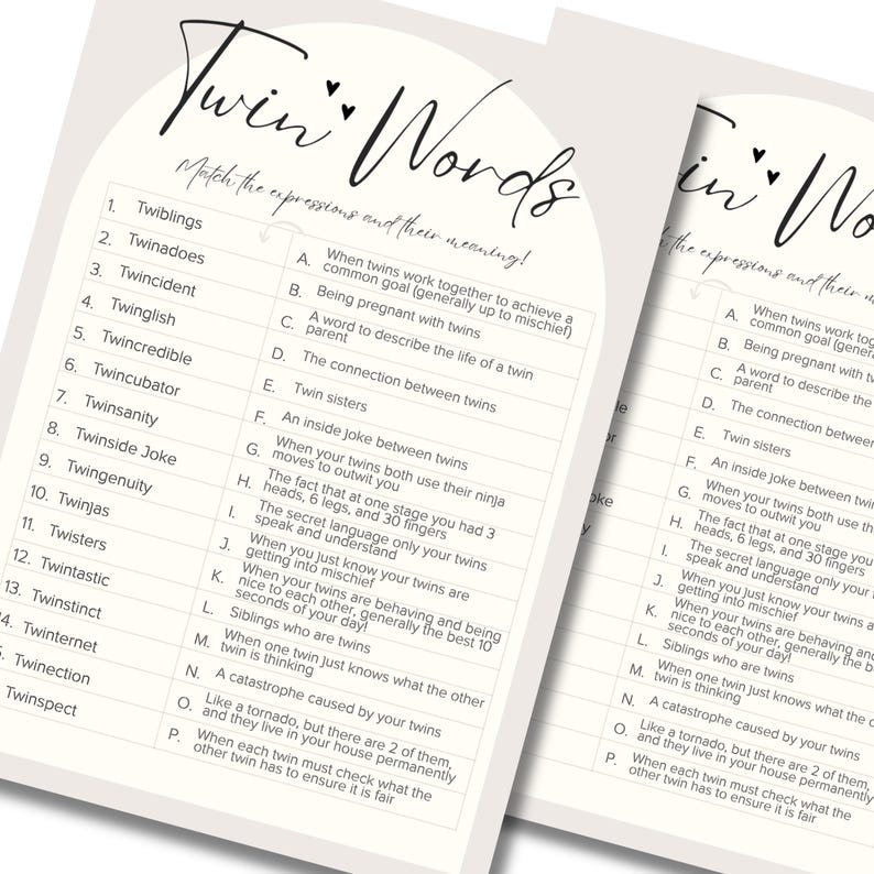 Fun Twin Words! Twin Baby Shower Game, Word Match - Etsy