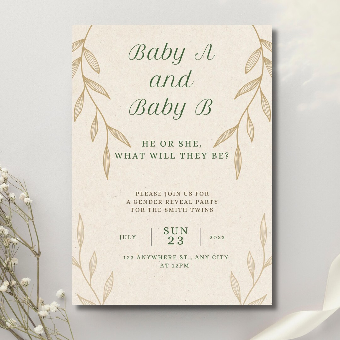 Twin Gender Reveal Invitation Neutral, Greenery, Unisex, Simple, Baby a ...