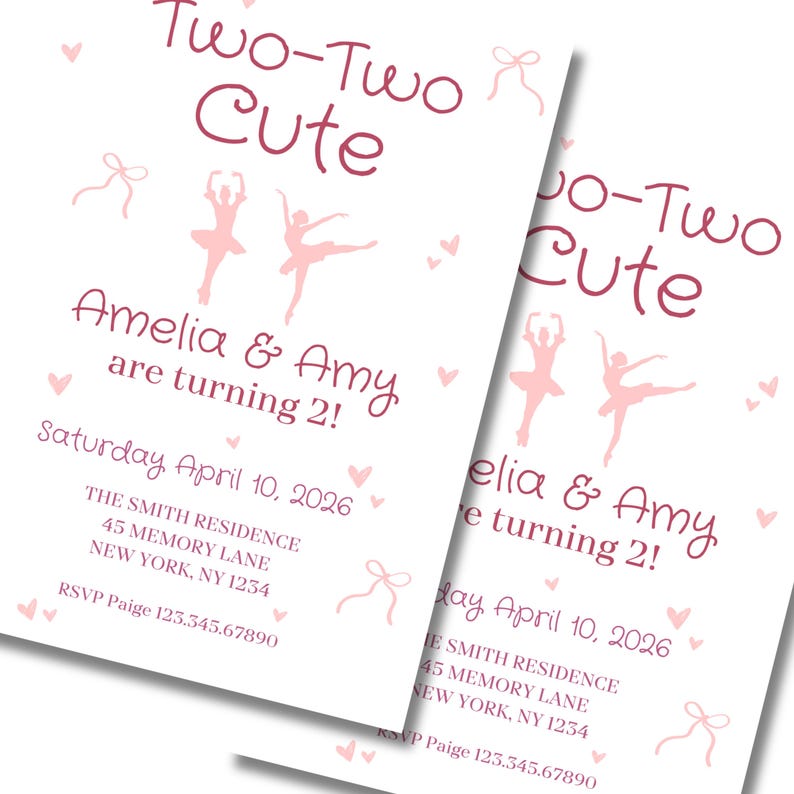 Two-two Cute! Twins Ballerina Themed Second Birthday Party Invitation ...