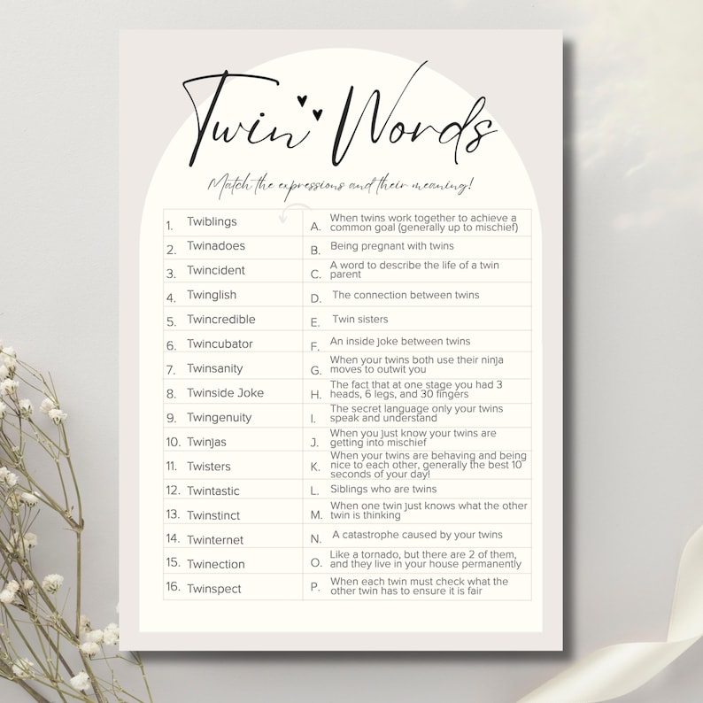Fun Twin Words! Twin Baby Shower Game, Word Match - Etsy