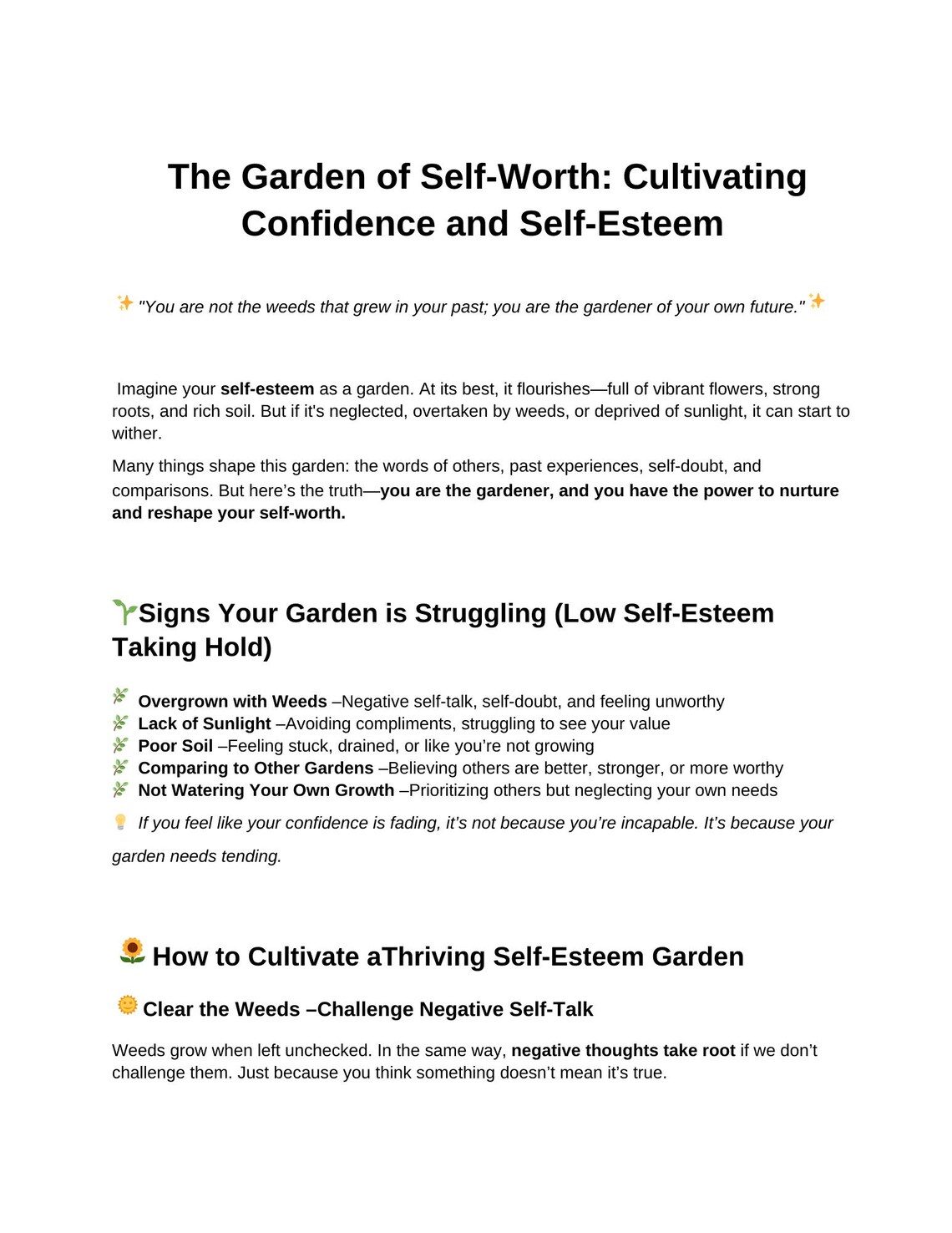 The Garden of Self-worth Analogy: an Easy-to-understand, 4-page ...