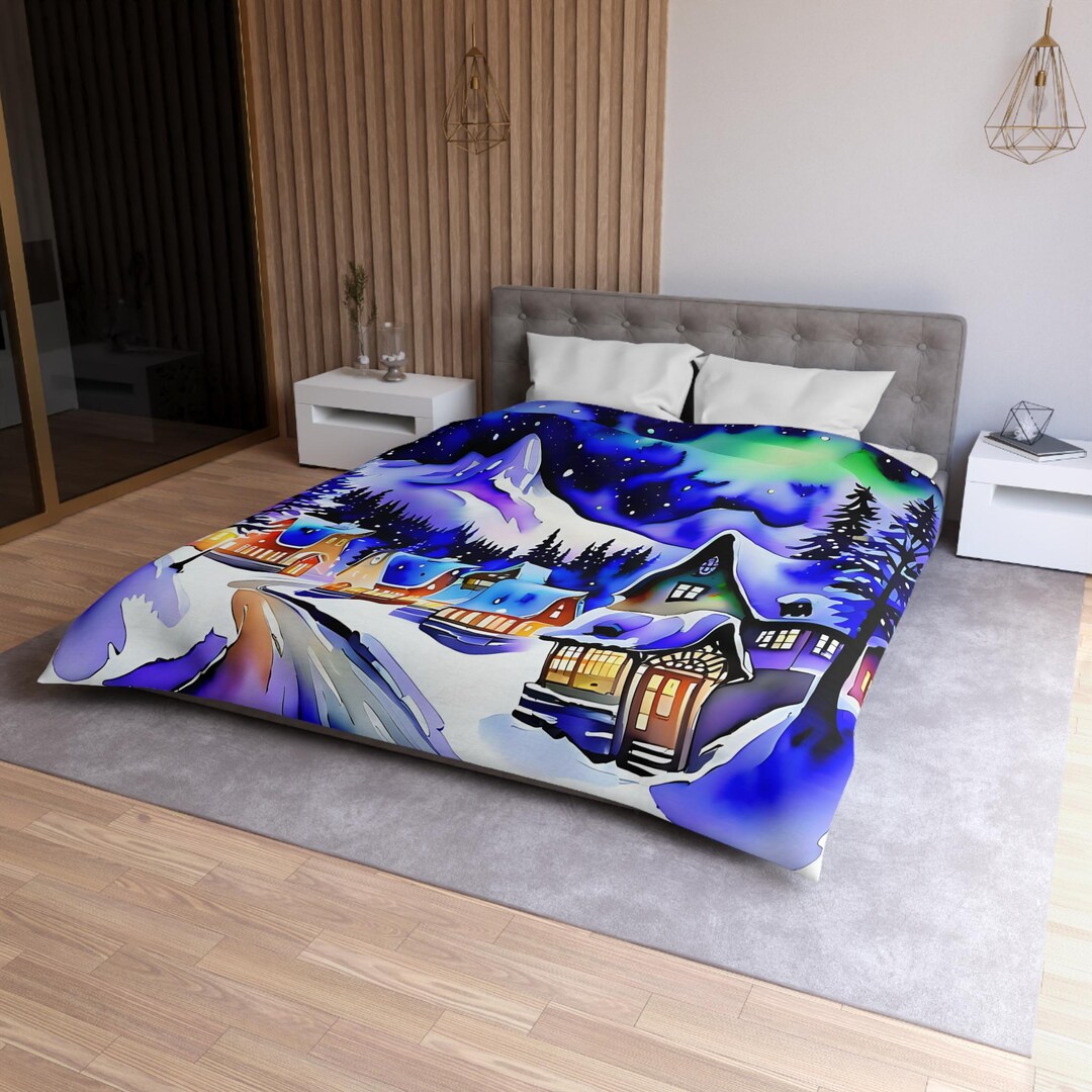 Winter Village Microfiber Duvet Cover, Christmas Mountain Bedding Set ...