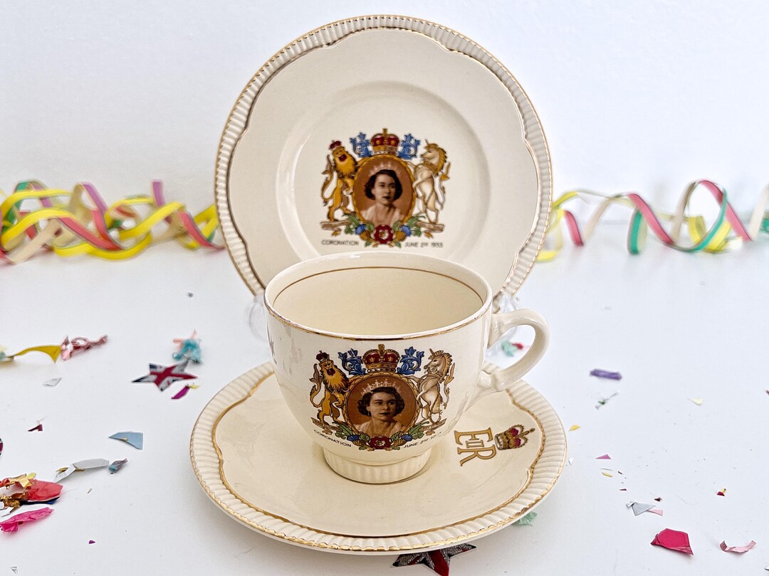 1953 Clarice Cliff Queen Elizabeth II Tea Cup Trio, a Vintage Royal ...