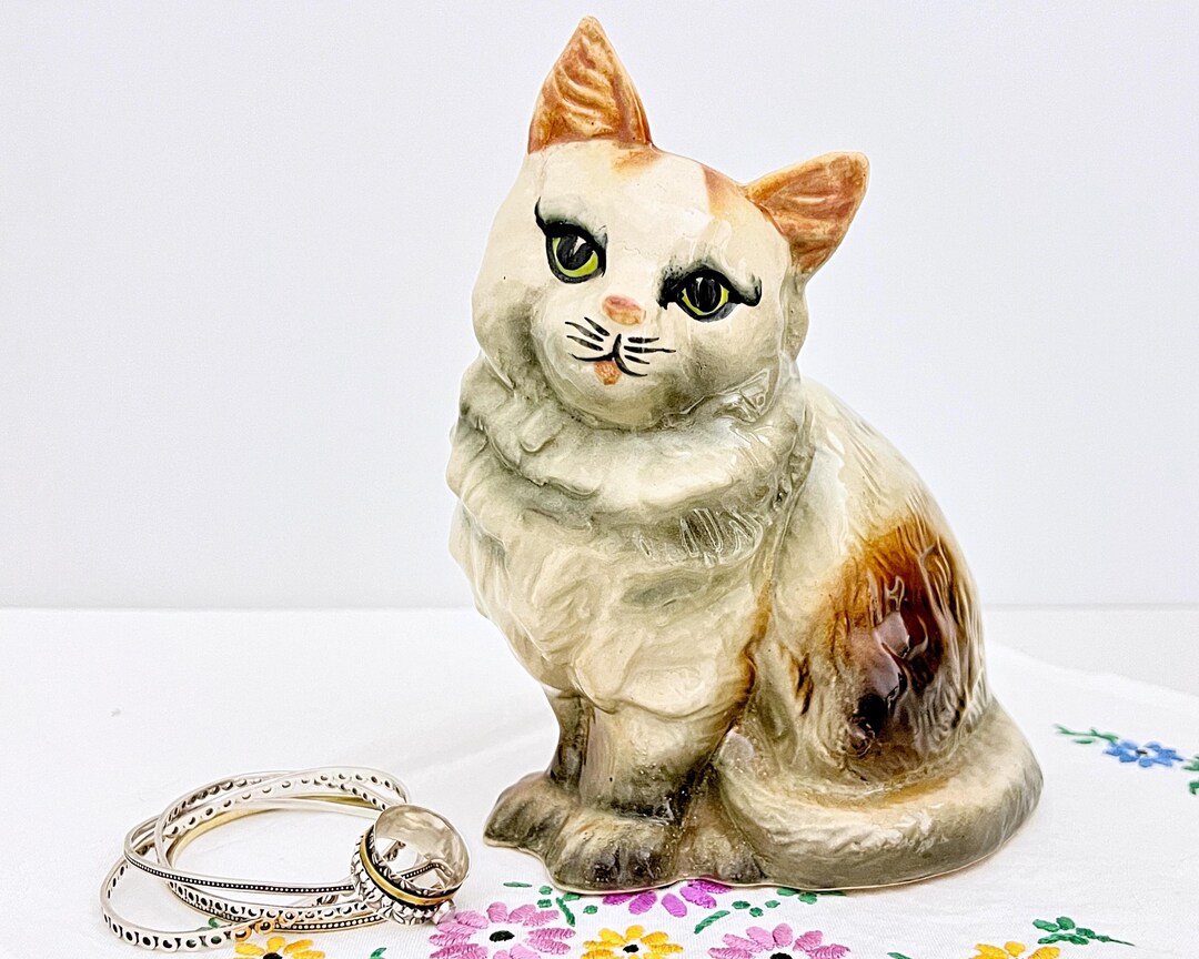 Vintage Large China Cat With Long Hair and Striking Green Eyes, a Retro ...