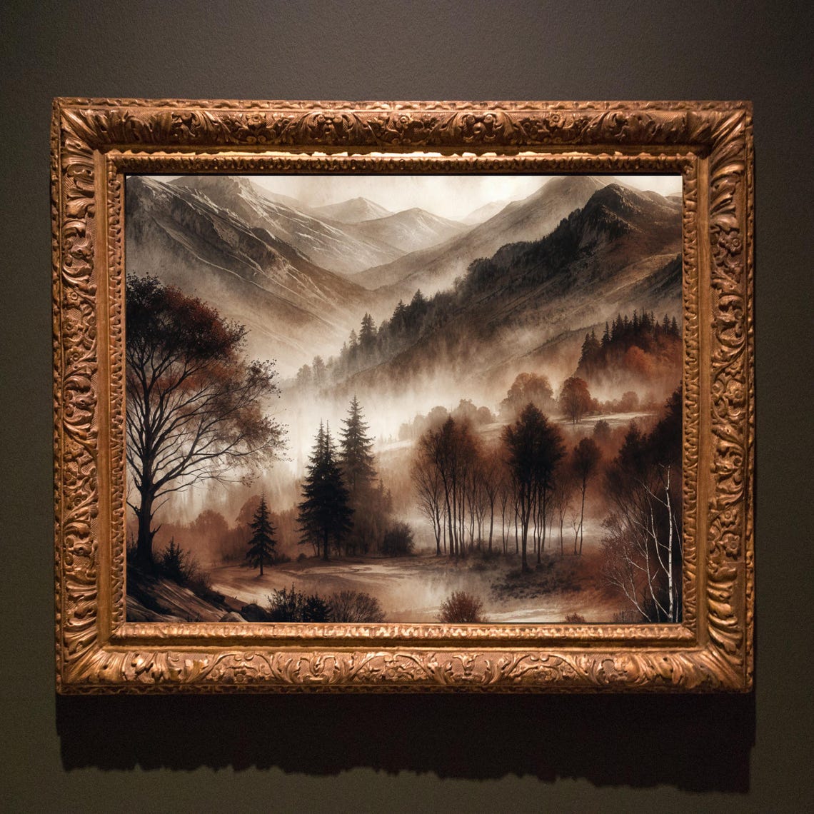 Antique Moody Charcoal Landscape Print, Vintage Watercolor Wall Art ...