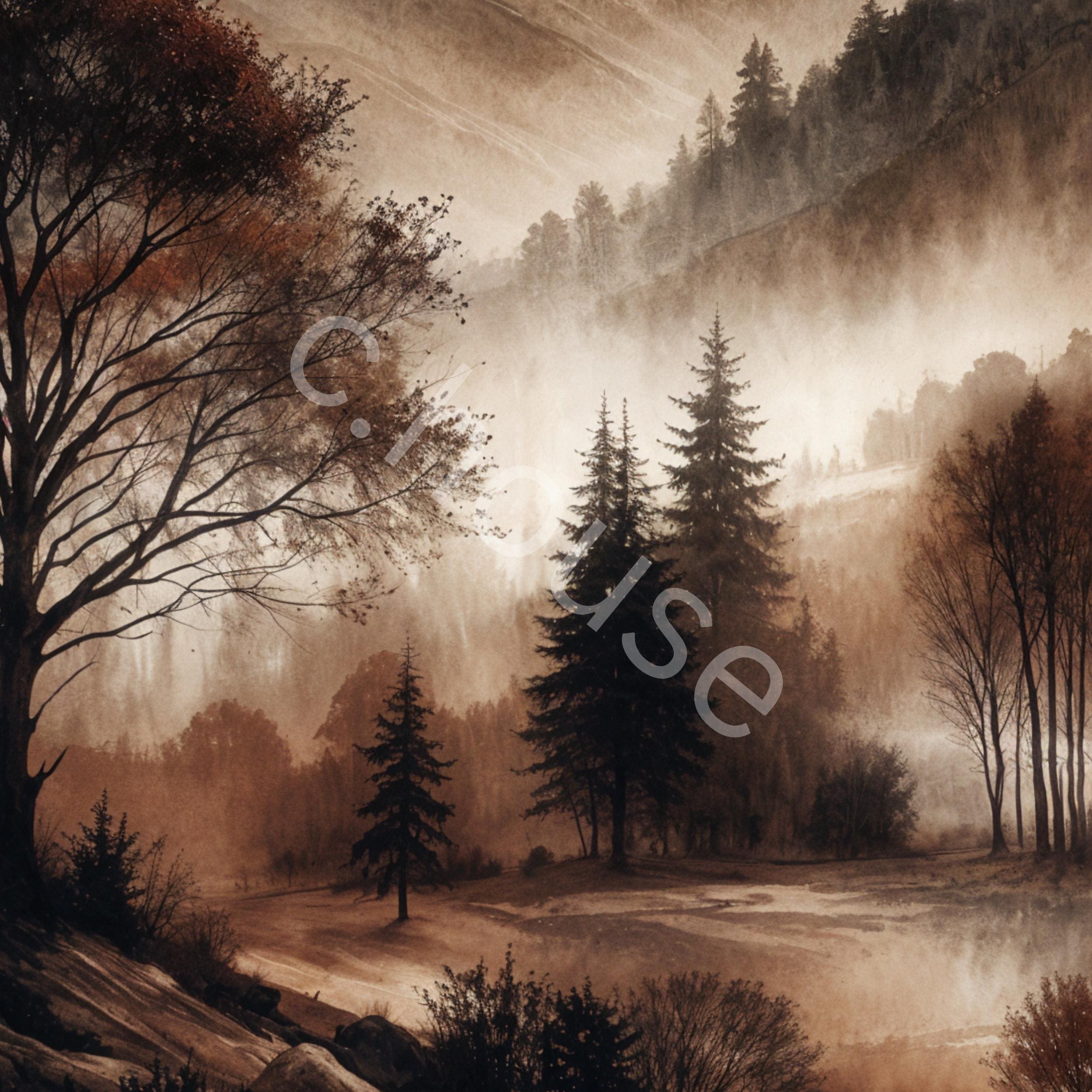 Antique Moody Charcoal Landscape Print, Vintage Watercolor Wall Art ...