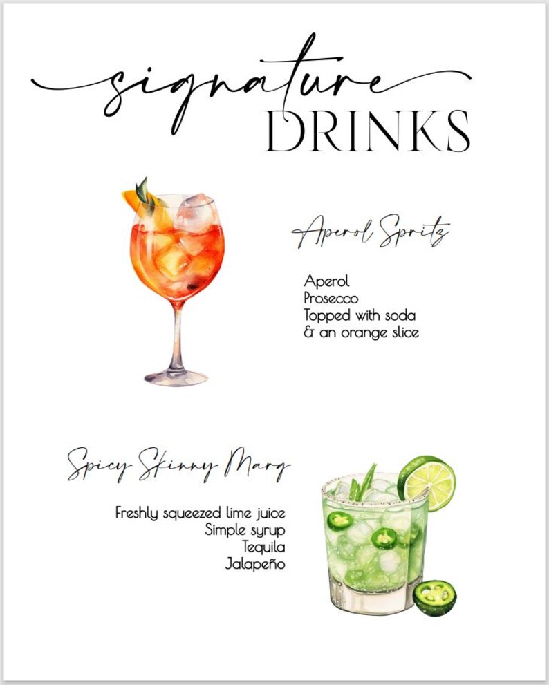 Wedding Bar Menu Signature Drinks Aperol Spritz Spicy Skinny Marg Ready ...