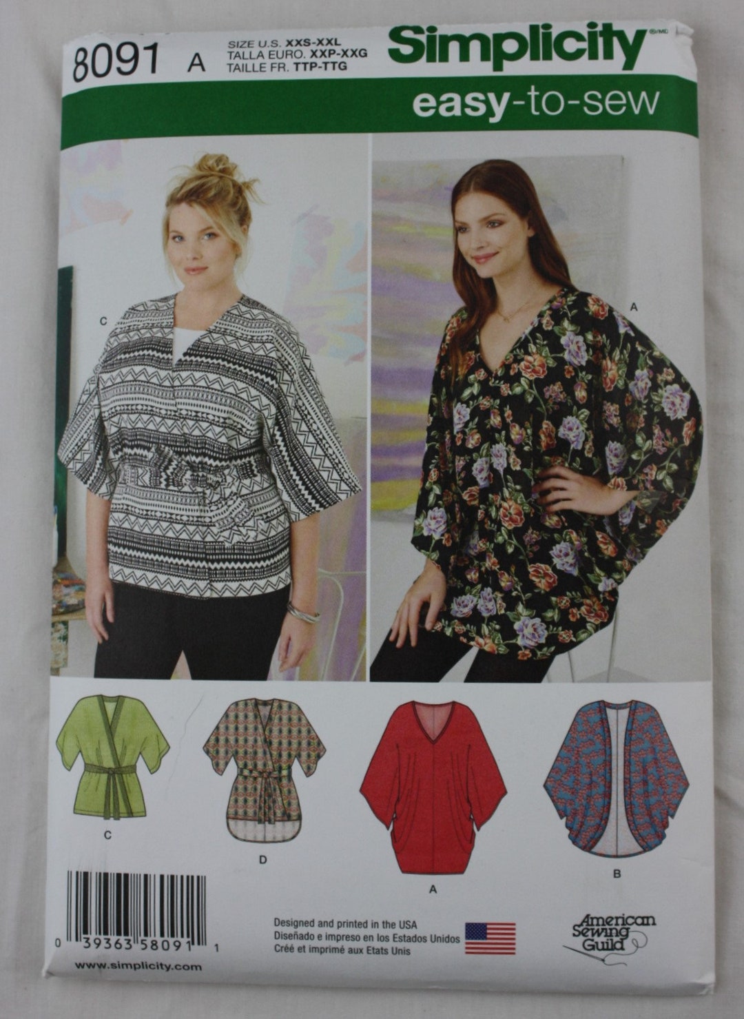 Simplicity Pattern 8091- Easy-to-sew Pullover and Kimono-style Blouses ...