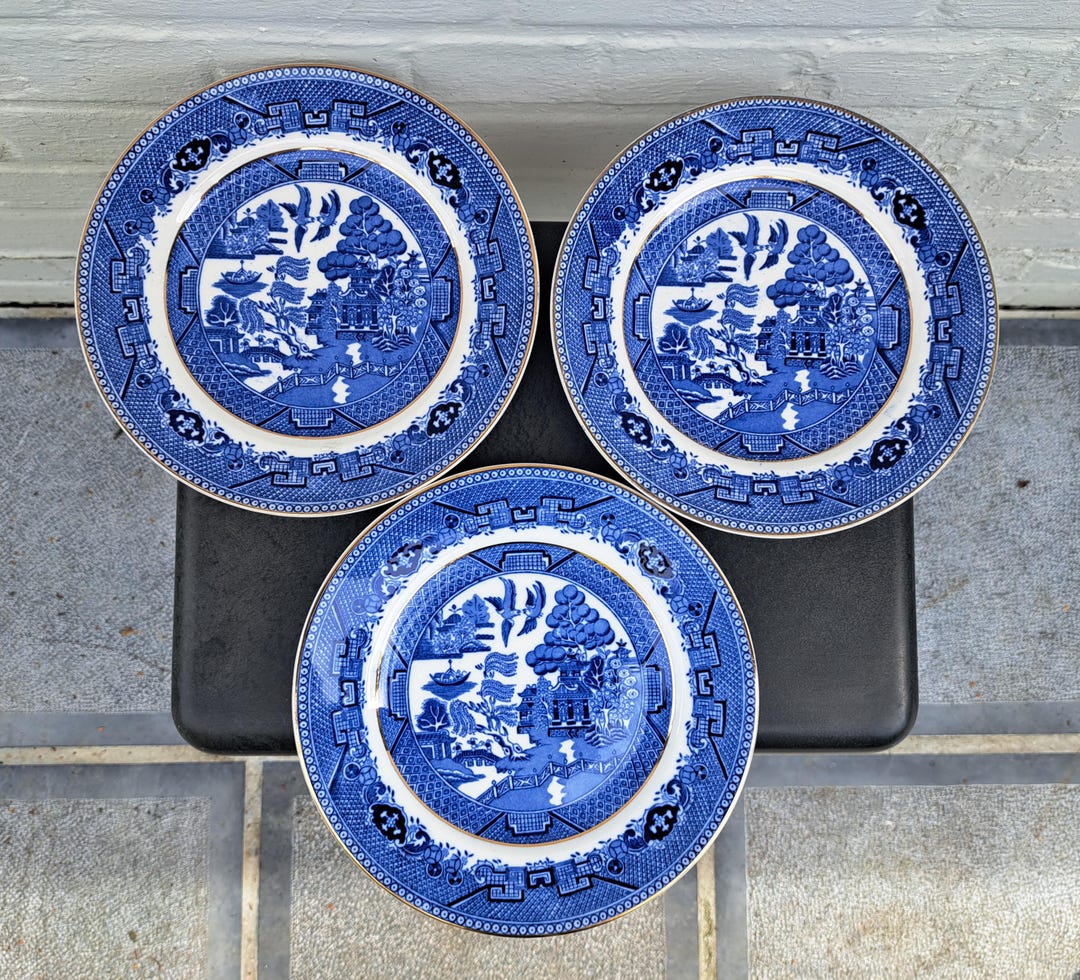 5 Flat Plates Victoria Porcelain Fenton Motif Willow, Blue Transfer ...