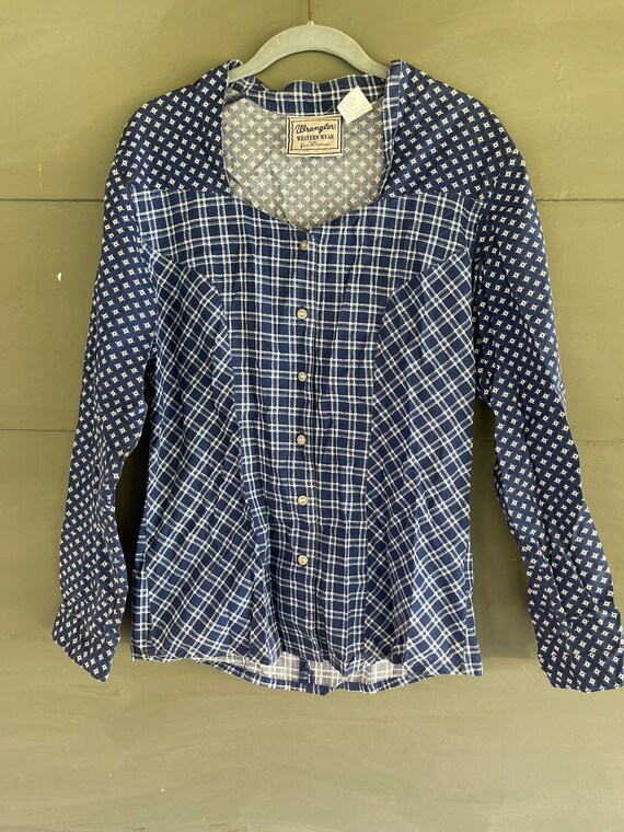 Vintage 80s WRANGLER Navy Mixed Patterns WESTERN Shir… - Gem