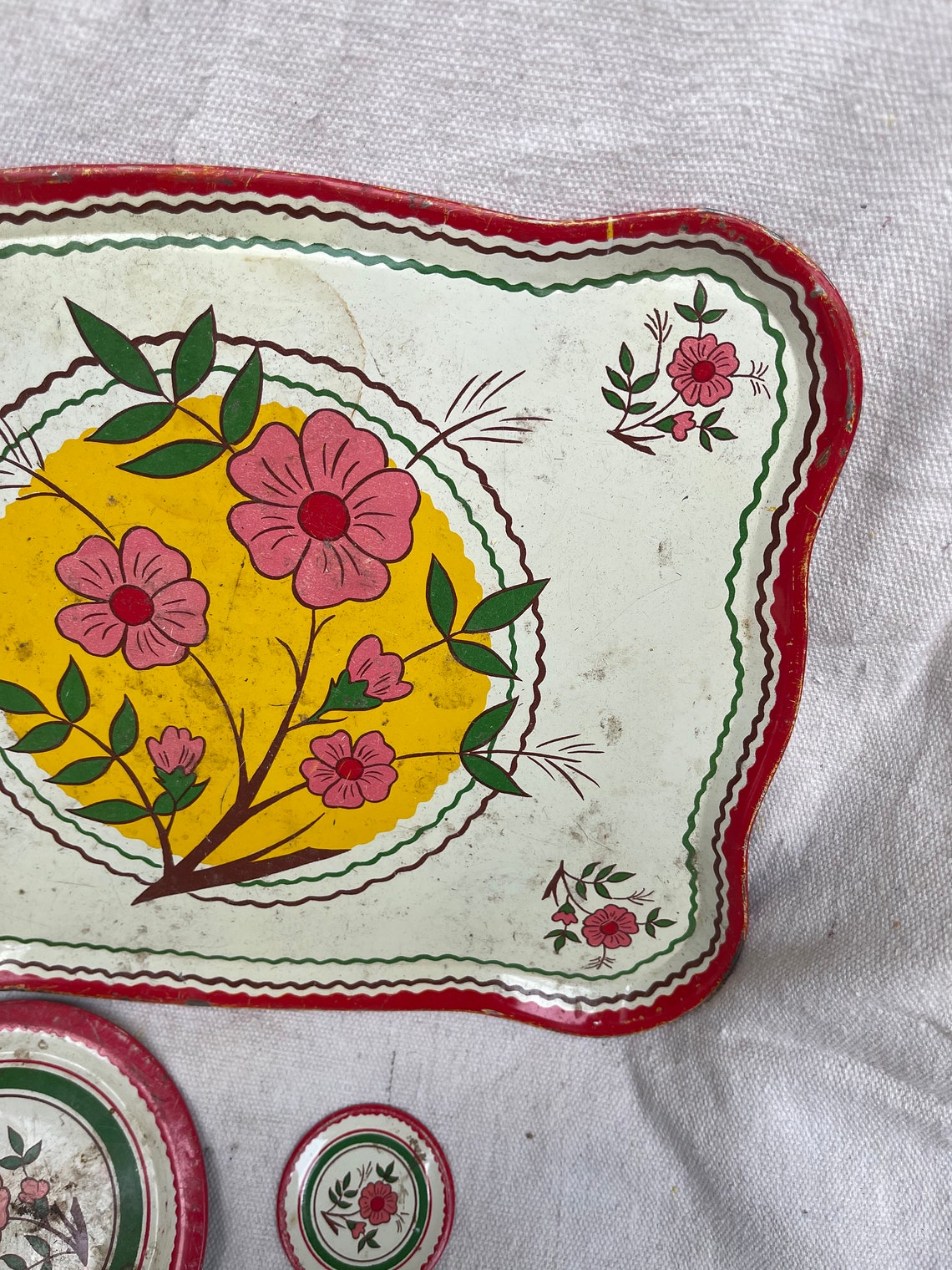 Vintage CHILD Tin DISHES Lot Pink FLOWERS - Etsy