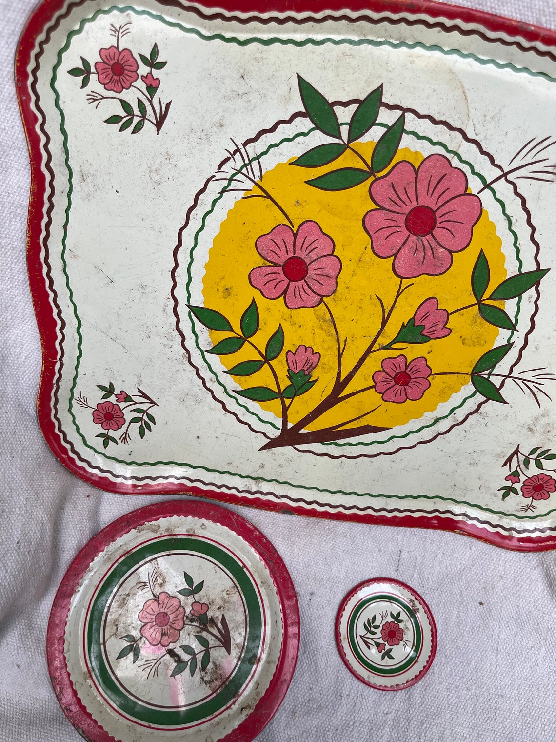 Vintage CHILD Tin DISHES Lot Pink FLOWERS - Etsy