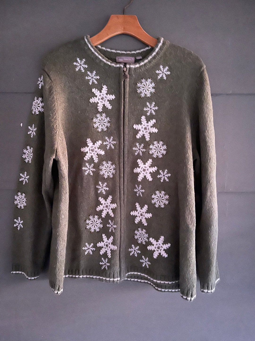 Vintage CHRISTMAS Green SNOWFLAKE Sweater CARDIGAN Extra Large - Etsy