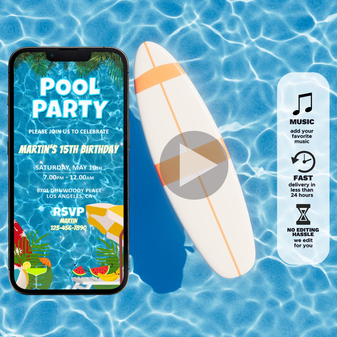 Animated Pool Party Birthday Invitation Video: Summer Evite (digital ...