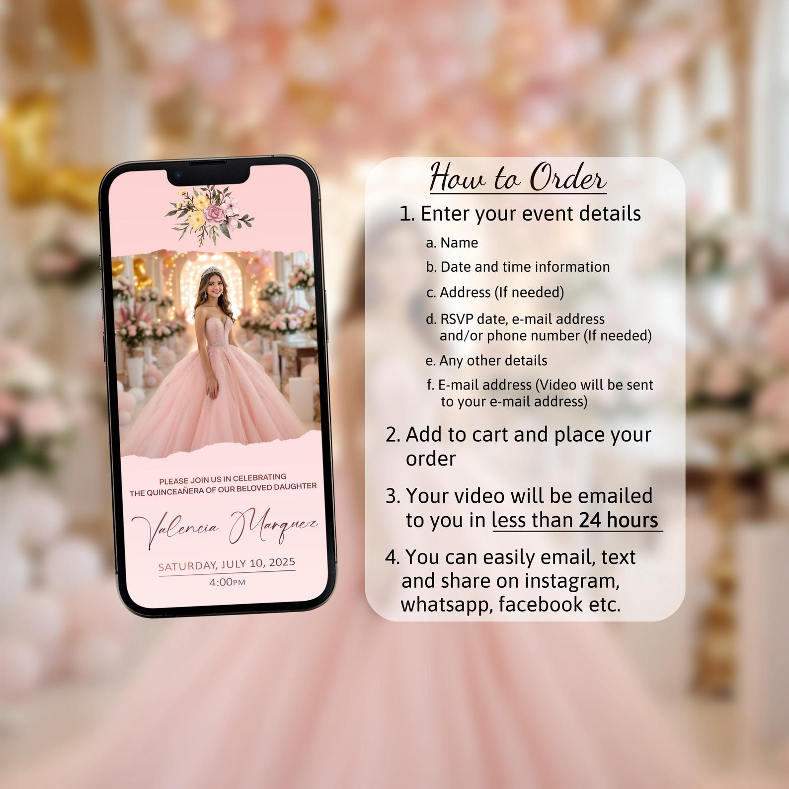 Animated Quinceañera Invitation Video: Pink Elegant Sweet 15/16 Invite ...