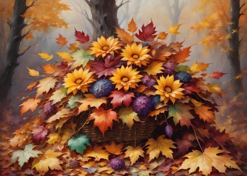 Autumn Leaves Digital Art Vibrant Fall Foliage Wall Decor Instant ...