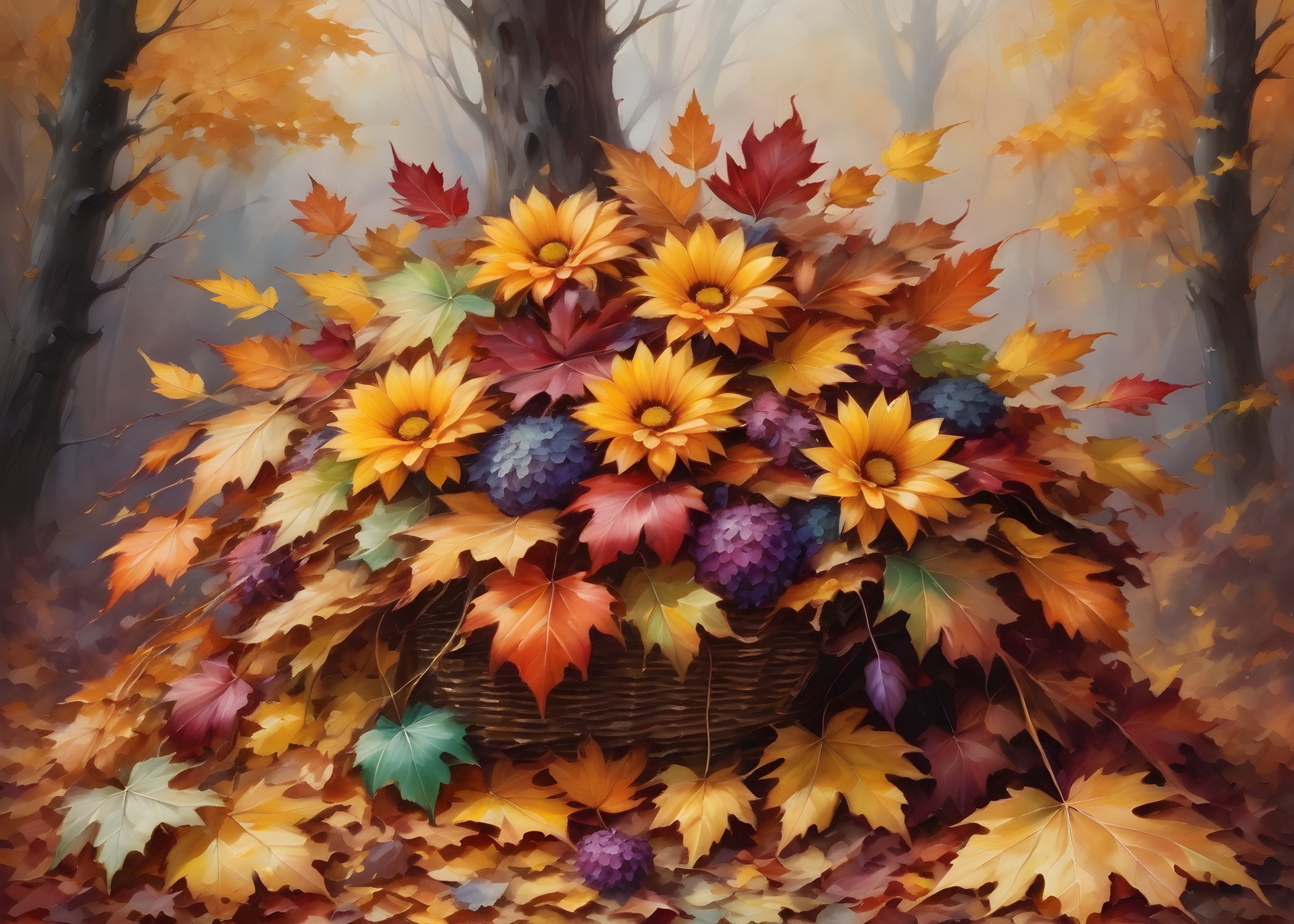 Autumn Leaves Digital Art Vibrant Fall Foliage Wall Decor Instant ...