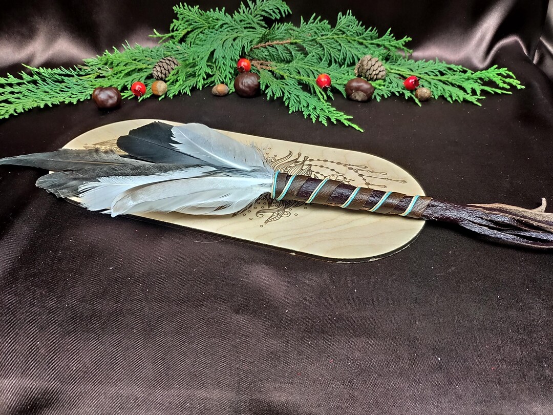 Boho Feather Smudge Fan – Leather Handle Ritual Tool for Witchcraft ...