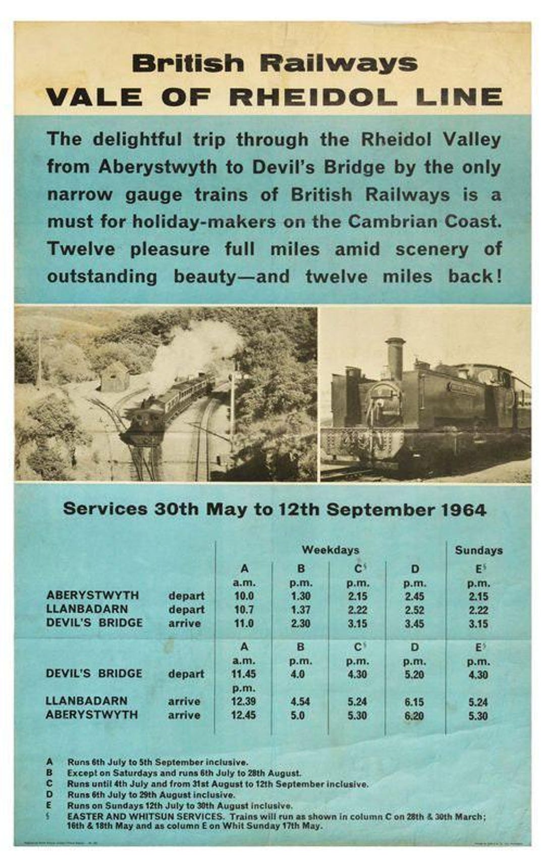 Vintage 1964 Br Vale of Rheidol Line Timetable Railway Poster Print A3 ...