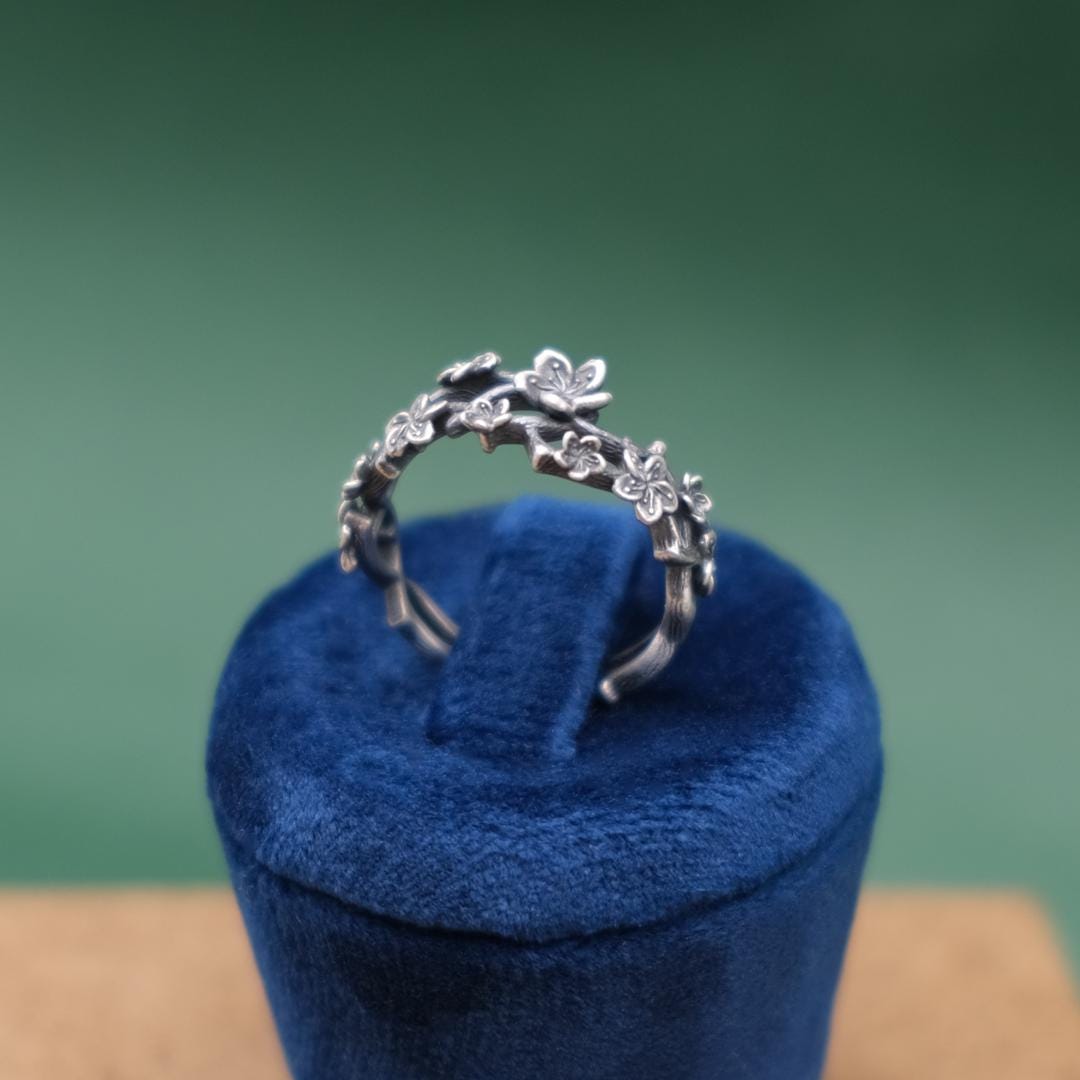 Oxidized Sterling Silver Forget-me-not Flower Ring, Adjustable Wrap ...
