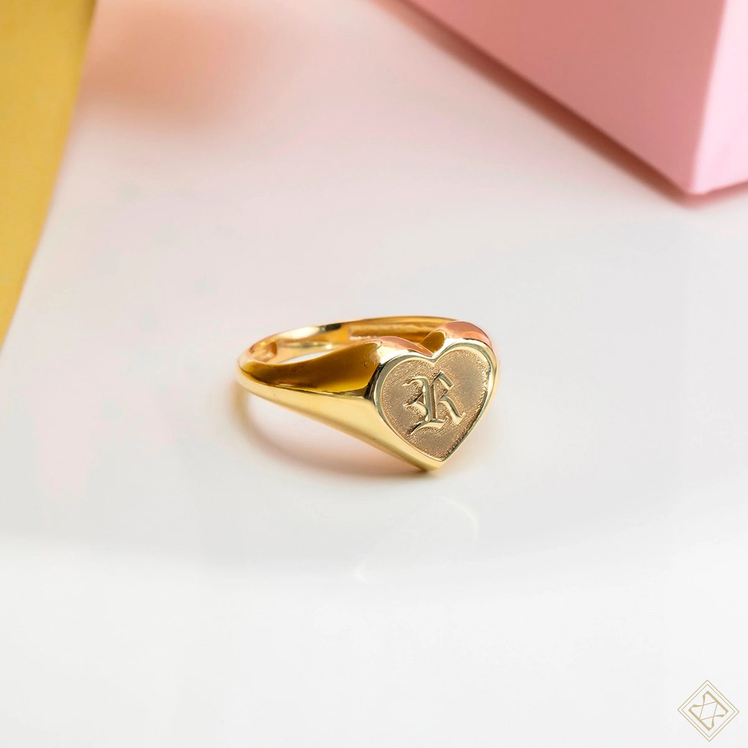 Engraved Heart Pinky Signet Ring |personalized Initial 925 Sterling ...