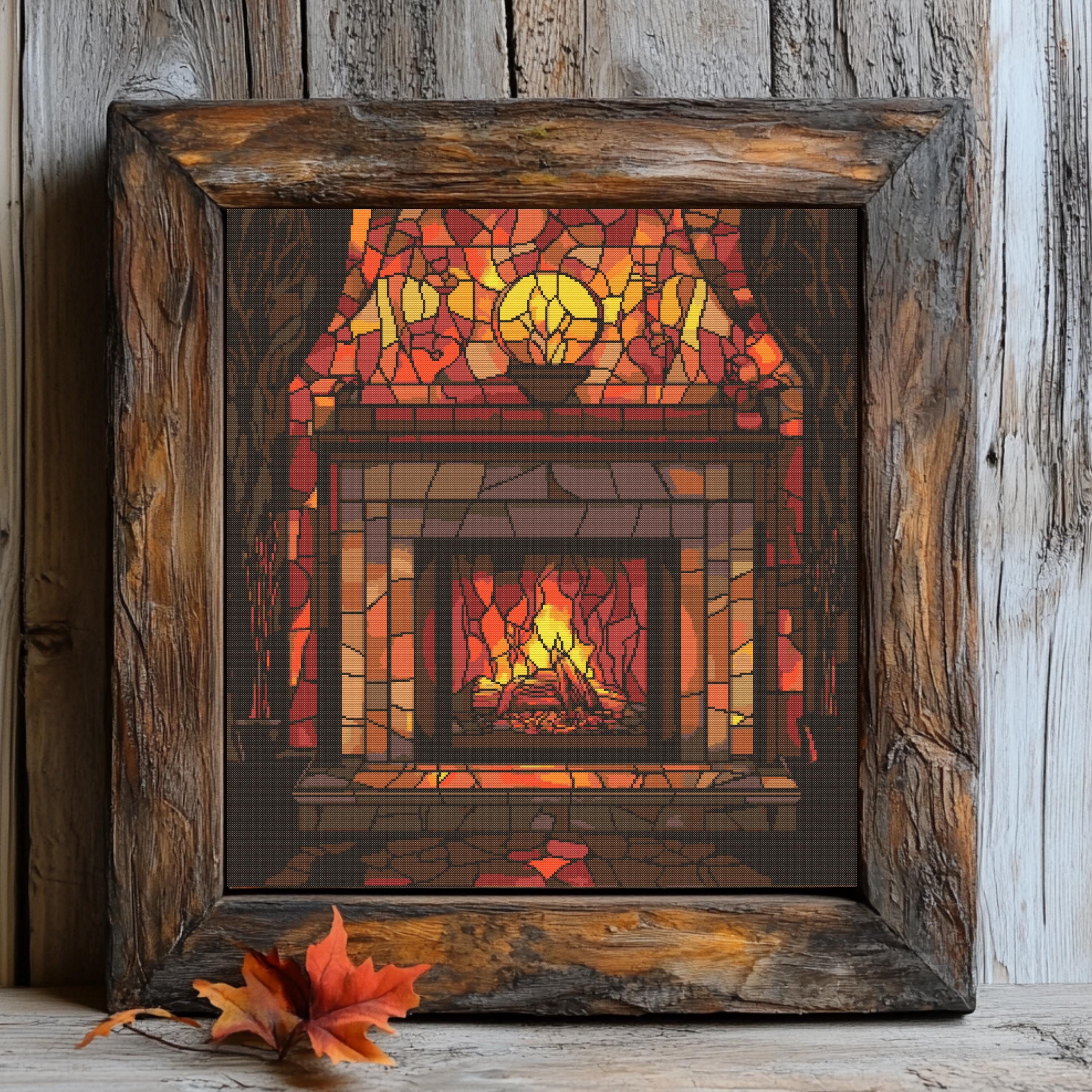 Cozy Fireplace Cross-stitch Pattern Stained Glass Style 300 X 300 ...