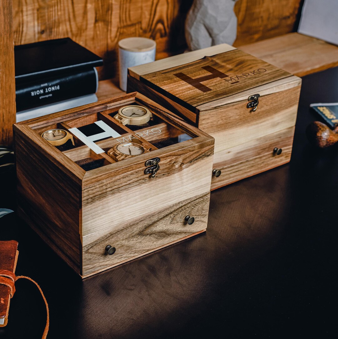 Personalized Watch Box With Drawer, Walnut Wood Watch Organizer With ...