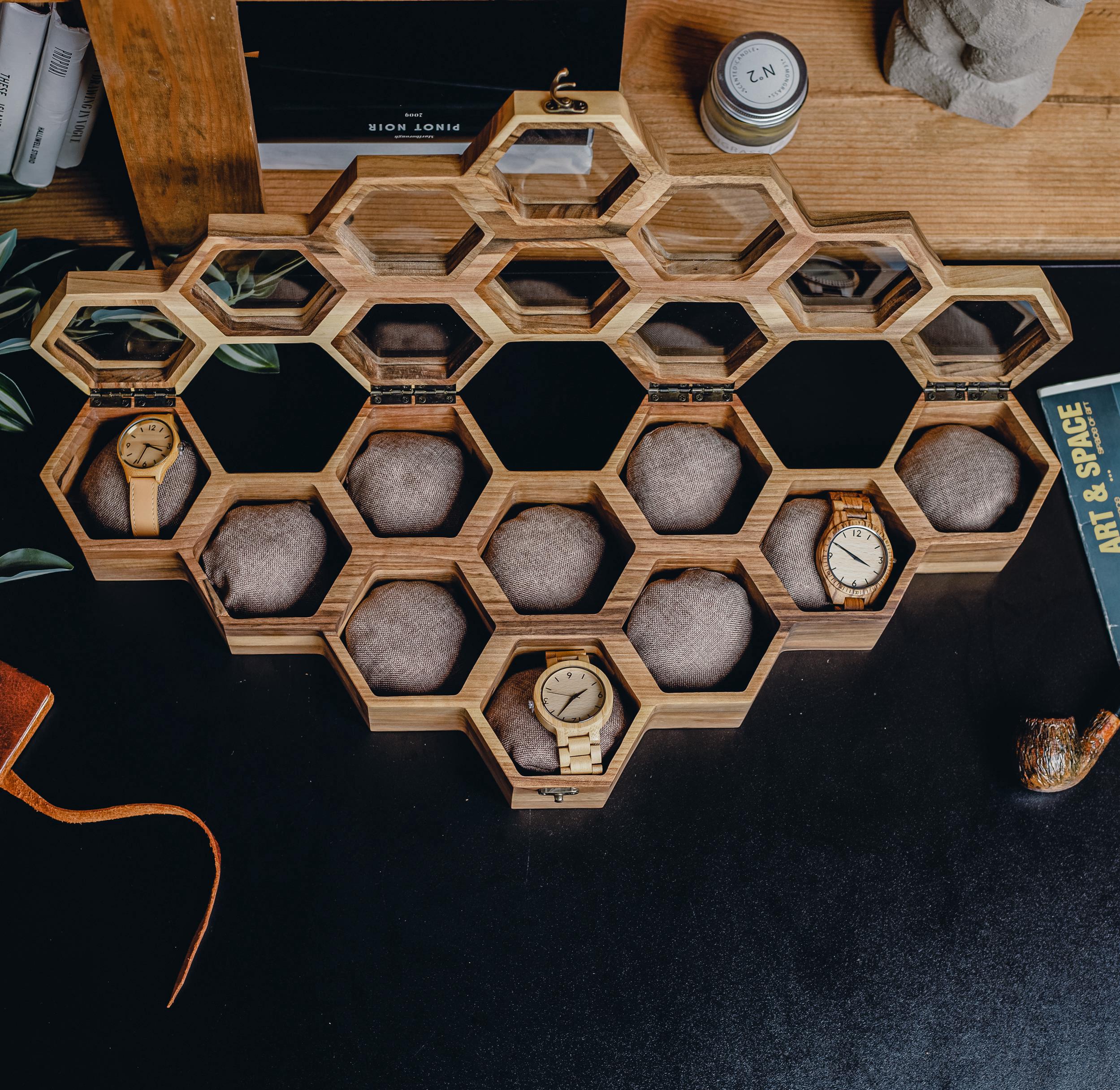 Custom Wooden Watch Organizer With Honeycomb Design, Personalized Watch ...
