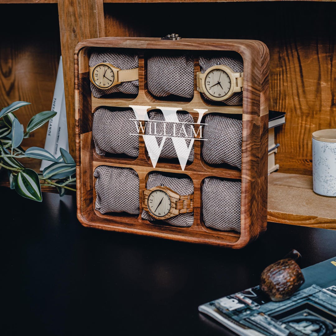 Walnut Wood Watch Box With Glass Lid for 7 Watches, Personalized Wooden ...
