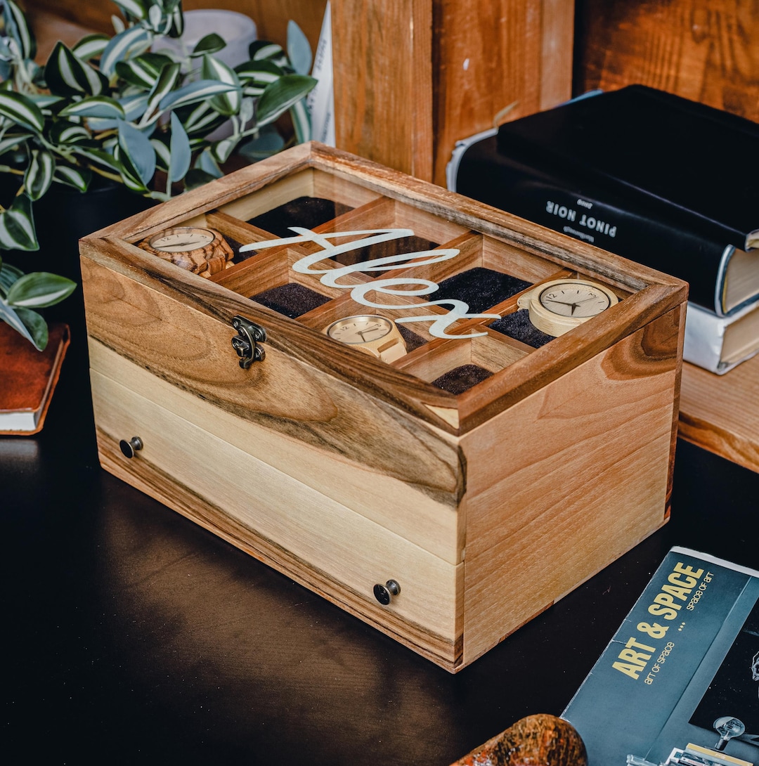 Walnut Watch Box for Men, Personalized Wooden Watch Organizer With ...