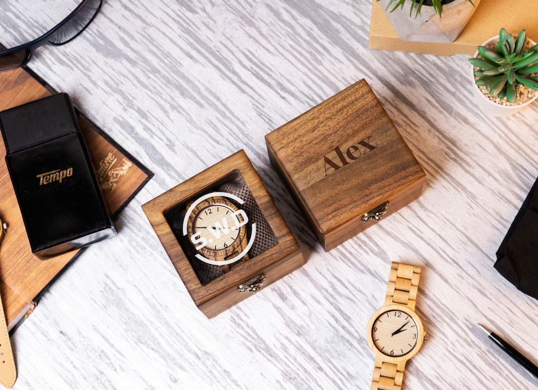 Personalized Wooden Watch Box With Single-slot, Walnut Glass Lid Apple ...