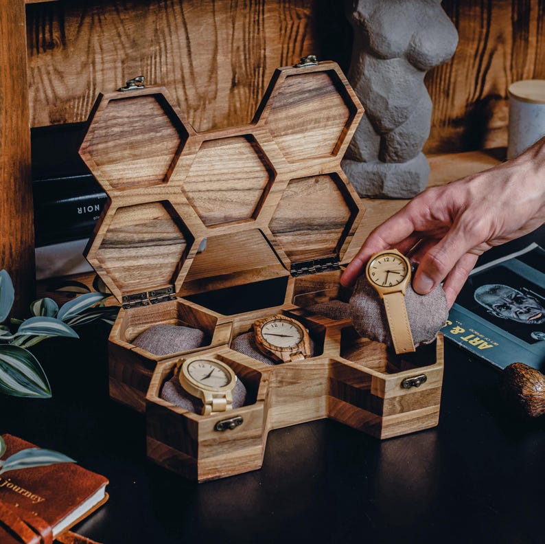 Custom Wooden Watch Organizer With Honeycomb Design, Personalized Watch ...