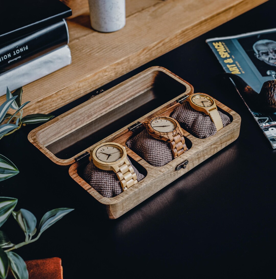 Wood Watch Box With Glass Lid for 3 Watches, Personalized Watch Display ...