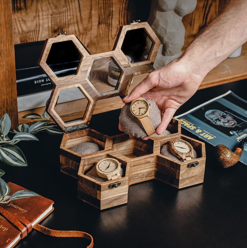 Custom Wooden Watch Organizer With Honeycomb Design, Personalized Watch ...
