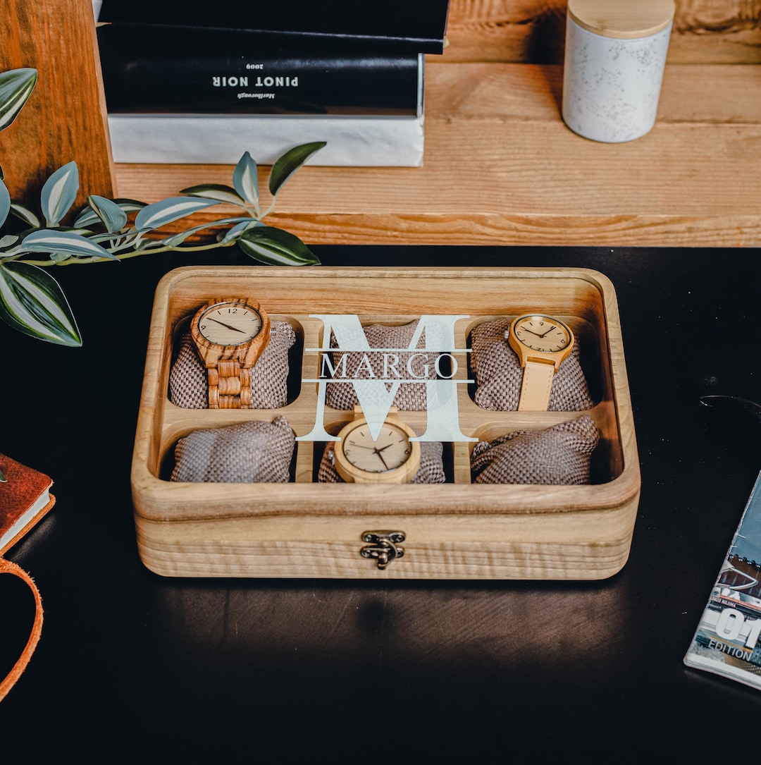 Walnut Wood Watch Box With Glass Lid for 8 Watches, Personalized Wooden ...
