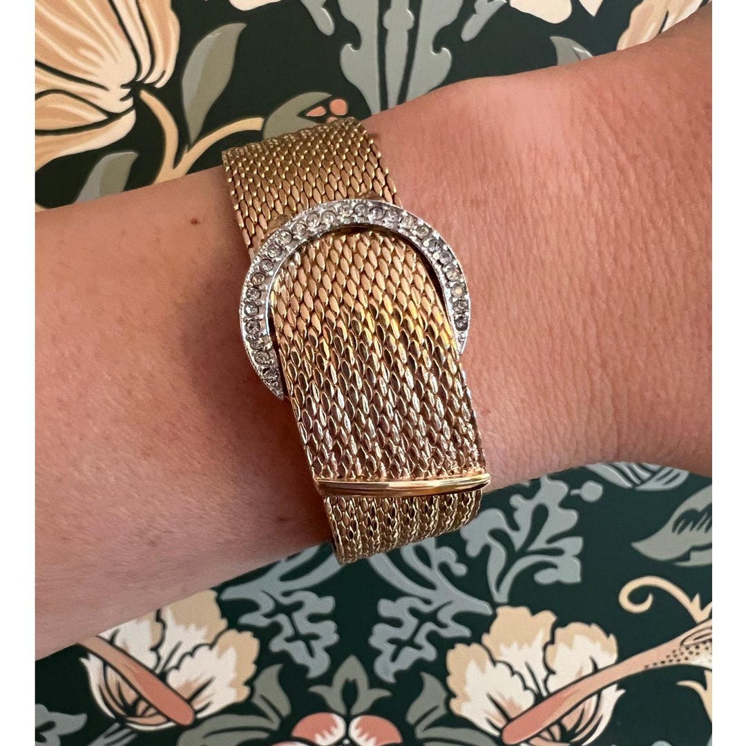 Gold-plated Mesh Bracelet / Hidden Watch With Rhinestones - Etsy