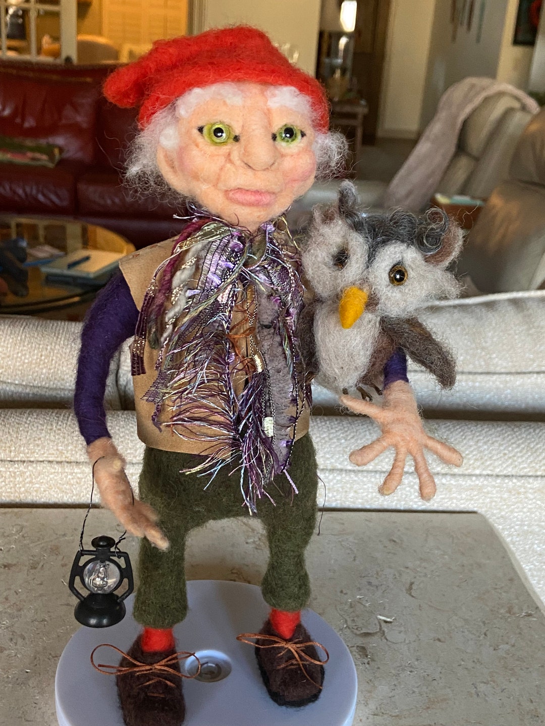 Forest Gnome, Unique Needle Felted Sculpture, Whimsical Art, Felted Owl ...