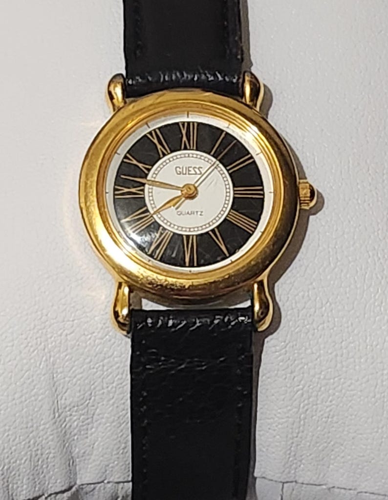 Vintage Guess Watch Women's Gold Tone 1990 Black Leather Band - Etsy