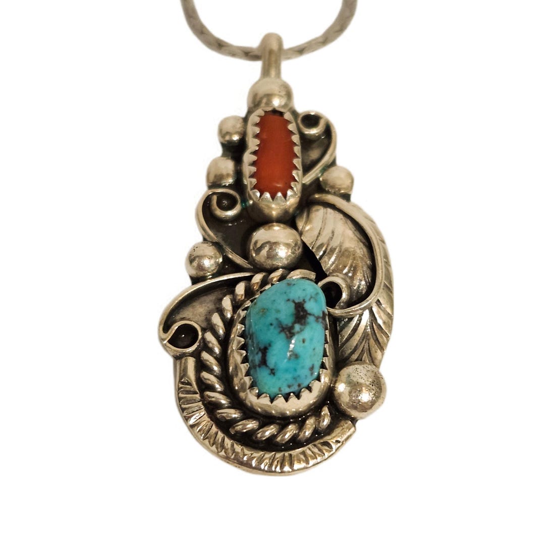 Navajo Native American Silver Turquoise Red Coral Pendant Signed BAL ...
