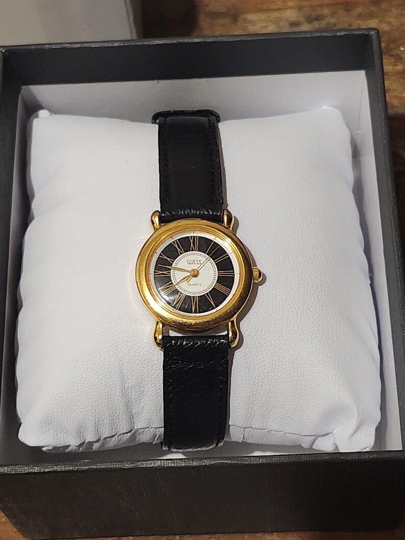 Vintage Guess Watch Women's Gold Tone 1990 Black Leather Band - Etsy
