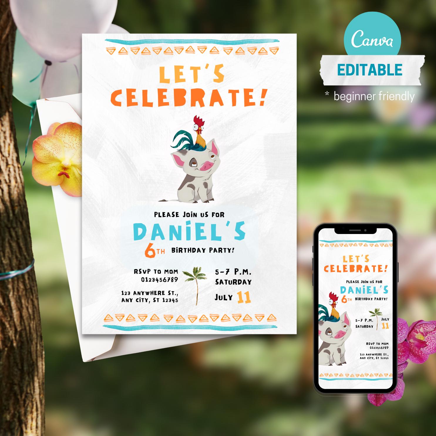 Hei Hei & Pua Birthday Invitation, Digital Editable Moana Birthday ...