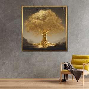 Golden Tree of Life Canvas, Luxury Tree Wall Art, Metallic Gold Nature ...